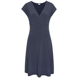 Midikleid Lascana, Damen, Gr. 42, N-Gr, blau, Jersey, Obermaterial: 95% Polyester, 5% Elasthan, unifarben, figurumspielend knieumspielend, tiefer V-Ausschnitt, Kleider Midikleid, aus b&uuml;gelfreier Ware, elegantes Sommerkleid aus Jersey, Strandkleid, Topseller