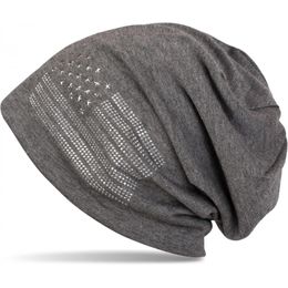 Beanie styleBREAKER "Beanie mit USA Flagge aus Strass", Damen, grau (dunkelgrau meliert), Obermaterial: 50% Viskose CV. 50% Polyester PES., Modisch, M&uuml;tzen Beanie