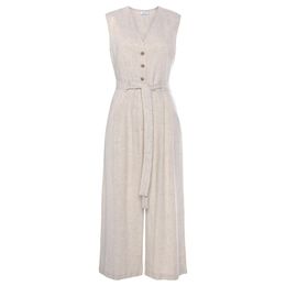 Overall Lascana, Damen, Gr. 38, N-Gr, beige (sand), Web, Obermaterial: 85% Viskose, 15% Leinen, unifarben, figurumspielend lang, V-Ausschnitt, Overalls Overall, und Taschen, sommerlicher Jumpsuit, casual-chic, Topseller