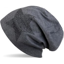 Beanie styleBREAKER "Warme Beanie M&uuml;tze mit Strass Stern", Damen, grau (grau meliert, schwarz), Obermaterial: 50% Viskose CV. 50% Baumwolle CO., Modisch, M&uuml;tzen Beanie