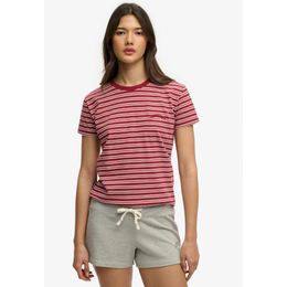 T-Shirt Superdry "ESSENTIAL LOGO STR FITTED TEE", Damen, Gr. XXL, bordeaux rot stripe, Single Jersey, Obermaterial: 100% Baumwolle, gestreift, slim fit normal, Rundhals, Shirts T-Shirt, angenehmes Tragegef&uuml;hl durch besonders weiche Haptik