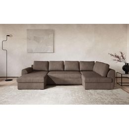 Wohnlandschaft COTTA "Drift U-Form Recamiere, Breite 327 cm", taupe, B:327cm H:86cm T:154cm, 96% POLYESTER (PES) 4% POLYAMID(PA), Sofas, Wohnlandschaft, optional auch mit Schlaffunktion, Wellenunterfederung