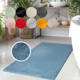 Badematte Carpet City "Topia Mats, Badteppich uni", blau, H:14mm, Polyester, Badematten, Badematte, Hochflor, Kaninchen Haptik, Polyester, Badezimmerteppich, waschbar