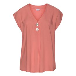 Schlupfbluse Lascana, Damen, Gr. 44, orange (peach), Web, Obermaterial: 100% Viskose, unifarben, figurumspielend h&uuml;ftlang, V-Ausschnitt, Blusen Schlupfbluse, mit modischen Kn&ouml;pfen, luftige Kurzarmbluse, sommerlich, Topseller