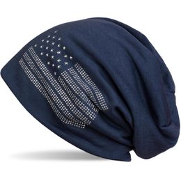 Beanie styleBREAKER "Beanie mit USA Flagge aus Strass", Damen, blau (midnight, blau, dunkelblau), Obermaterial: 50% Viskose CV. 50% Polyester PES., Modisch, M&uuml;tzen Beanie