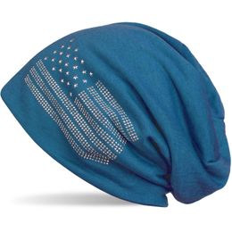 Beanie styleBREAKER "Beanie mit USA Flagge aus Strass", Damen, blau (petrol, blau), Obermaterial: 50% Viskose CV. 50% Polyester PES., Modisch, M&uuml;tzen Beanie