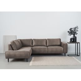 Ecksofa Home Affaire "Fumone, Lederoptik oder Soft-Touch Chenille", grau (taupe), B:260cm H:83cm T:200cm, 35% Lederfasern; 65%Polyester, Sofas, Ecksofa, Breite 260, mit schwarzen Massivholzf&uuml;&szlig;en