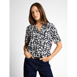 Klassische Bluse Tom Tailor, Damen, Gr. 44, blau ginkgo minimal, Web, Obermaterial: 100% Viskose, gemustert, regular fit normal, V-Ausschnitt, gerader Abschluss, Blusen Klassische Bluse, mit All-Over Print