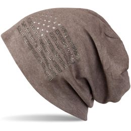 Beanie styleBREAKER "Beanie mit USA Flagge aus Strass", Damen, braun, Obermaterial: 50% Viskose CV. 50% Polyester PES., Modisch, M&uuml;tzen Beanie