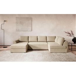 Wohnlandschaft COTTA "Drift U-Form Recamiere, Breite 327 cm", nata, B:327cm H:86cm T:154cm, 96% POLYESTER (PES) 4% POLYAMID(PA), Sofas, Wohnlandschaft, optional auch mit Schlaffunktion, Wellenunterfederung