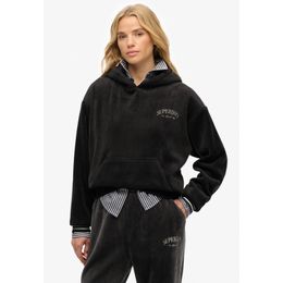 Kapuzensweatshirt Superdry "COUNTRY CLUB VELOUR RELAX HOOD", Damen, Gr. M, schwarzboard, Sweatware, Obermaterial: 96% Polyester, 4% Elasthan, unifarben, oversize, Rundhals, Rippb&uuml;ndchen, Sweatshirts Kapuzensweatshirt