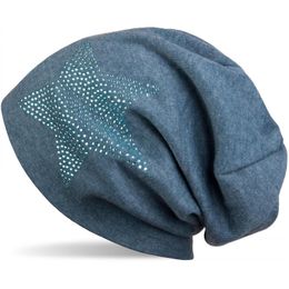 Beanie styleBREAKER "Warme Beanie M&uuml;tze mit Strass Stern", Damen, blau (blau meliert, hellblau), Obermaterial: 50% Viskose CV. 50% Baumwolle CO., Modisch, M&uuml;tzen Beanie