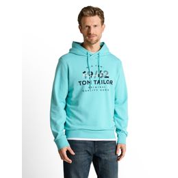 Kapuzensweatshirt Tom Tailor, Damen, Gr. L, river teal, Sweatware, Obermaterial: 60% Baumwolle, 40% Polyester, bedruckt, regular fit h&uuml;ftbedeckend, Rundhals, Flachstrickb&uuml;ndchen, Sweatshirts Kapuzensweatshirt, mit Frontprint