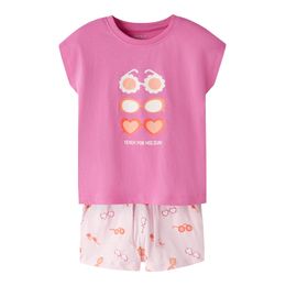 Shorty name it "NMFVIGEA CAPSL TOP SET", M&auml;dchen, Gr. 104, strawberry moon print:sunglasses, Jersey, Obermaterial: 100% Baumwolle, bedruckt, normal kurz, Rundhals, angeschnitten, Homewear-Sets Shorty, bestehend aus Shirt und Shorts