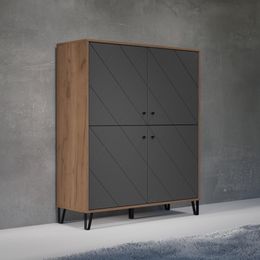 Highboard Places of Style "Molveno", schwarz (eiche kraft gold melamin, graphite tiefzieh), B:123cm H:136cm T:40cm, FSC-zertifizierter Holzwerkstoff, Sideboards, Highboard, Highboard mit 4 T&uuml;ren & Soft-Close - (B/T/H) 123/40/136 cm