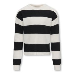 Strickpullover KIDS Only "KOGFRANCA SHORT L/S STRIPE KNT NOOS", Kinder, Gr. 146/152, cloud dancer stripes:wide stripe schwarz, Strick, Obermaterial: 50% Viskose, 27% Nylon, 23% Polyester, gestreift, loose fit normal, Rundhals, Rippstrickb&uuml;ndchen, Pullover Strickpullover, Viskosemischung, loose fit