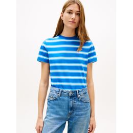 Kurzarmshirt Tommy Hilfiger "TH SCRIPT REGULAR C-NECK SHORT SLEEVE TEE", Damen, Gr. L (42/44), preppy stripe blau orbit, frigid, Single Jersey, Obermaterial: 95% Baumwolle, 5% Elasthan, gestreift, gerade normal, Rundhals, abgesteppte Kante, Shirts Kurzarmshirt