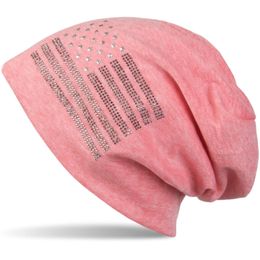 Beanie styleBREAKER "Beanie mit USA Flagge aus Strass", Damen, rot (koralle), Obermaterial: 50% Viskose CV. 50% Polyester PES., Modisch, M&uuml;tzen Beanie
