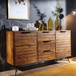 FineBuy Massivholz Sideboard 160cm Sheesham Kommode mit 2 T&uuml;ren & 3 Schubladen Industrial Design Metall schwarz
