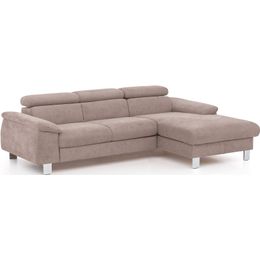 Ecksofa COTTA "Komaris L-Form, B: 244 cm", mud, B:244cm H:72cm T:166cm, Microfaser PRIMABELLE (100% Polyester);Kunstleder SOFTLUX(100%Polyurethan);Feinstruktur (100% Polyester);Kunstleder SOFTLUX/Struktur (100%Polyurethan, 90%Polyester, 10% Polyacryl), Sofas, Ecksofa, mit Kopfteilverstellung, optional Bettfunktion, Bettkasten & Licht
