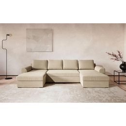 Wohnlandschaft COTTA "Drift U-Form Ottomane, Breite 327 cm", nata, B:327cm H:86cm T:154cm, 96% POLYESTER (PES) 4% POLYAMID(PA), Sofas, Wohnlandschaft, optional auch mit Schlaffunktion, Wellenunterfederung