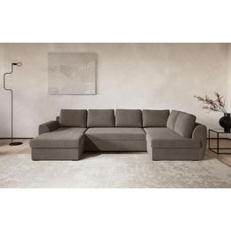 Wohnlandschaft COTTA "Drift U-Form Recamiere, Breite 327 cm", taupe, B:327cm H:86cm T:154cm, 96% POLYESTER (PES) 4% POLYAMID(PA), Sofas, Wohnlandschaft, optional auch mit Schlaffunktion, Wellenunterfederung