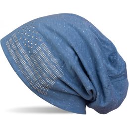 Beanie styleBREAKER "Beanie mit USA Flagge aus Strass", Damen, blau (jeansblau meliert), Obermaterial: 50% Viskose CV. 50% Polyester PES., Modisch, M&uuml;tzen Beanie