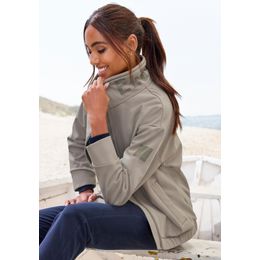 Softshelljacke ELBSAND, Damen, Gr. L/40, khaki, Web, Obermaterial: 85% Polyester, 15% Elasthan. Futter: 100% Polyester, h&uuml;ftlang, Jacken Softshelljacke, mit hohem, verstellbaren Kragen