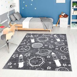 Kinderteppich Carpet City "ANIME912", grau, B:80cm H:11mm L:150cm, Polypropylen (PP), Teppiche, Kinderteppich, Kinderzimmer Teppich Modern mit Mond, Blumen, Wolken, Creme, Multi