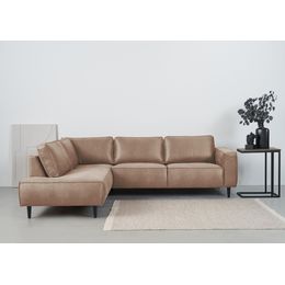Ecksofa Home Affaire "Fumone, Lederoptik oder Soft-Touch Chenille", beige, B:260cm H:83cm T:200cm, Sofas, Ecksofa, Breite 260, mit schwarzen Massivholzf&uuml;&szlig;en