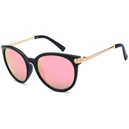 Sonnenbrille styleBREAKER "Cat-Eye Sonnenbrille", Herren, pink (gestell schwarz, gold, glas pink verspiegelt), Modisch, Sonnenbrillen Sonnenbrille