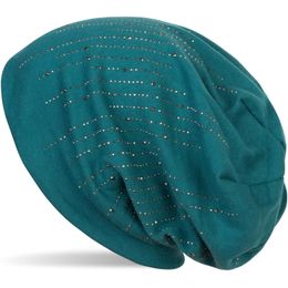 Beanie styleBREAKER "Beanie mit Strass Streifen", Damen, blau (petrol), Obermaterial: 100% Viskose CV., Modisch, M&uuml;tzen Beanie