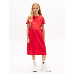 Jerseykleid Tommy Hilfiger "MIX MEDIA DRESS SHORT SLEEVE", M&auml;dchen, Gr. 16 (176), N-Gr, rot alert, Jersey, Obermaterial: 100% Baumwolle, gestreift, relaxed fit Midi, Rundhals, abgesteppte Kante, Kleider Jerseykleid, Kinder bis 16 Jahre, geraffte Taille, Relaxed Fit