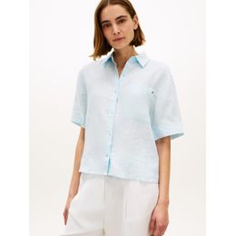 Kurzarmbluse Tommy Hilfiger "ESS LINEN SHORT SLEEVE SHIRT", Damen, Gr. L (42/44), keepsake blau, Web, Obermaterial: 100% Leinen, unifarben, gerade normal, V-Ausschnitt, abgesteppte Kante, Blusen Kurzarmbluse, mit aufgesetzter Brusttasche und Flag-Stickerei, reines Leinen