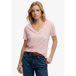 T-Shirt Superdry "STUDIOS SLUB EMB VEE TEE", Damen, Gr. L, pale pink, Single Jersey, Obermaterial: 60% Baumwolle, 40% Lyocell, unifarben, regular fit normal, V-Ausschnitt, Shirts T-Shirt, Baumwollmischung, relaxed fit