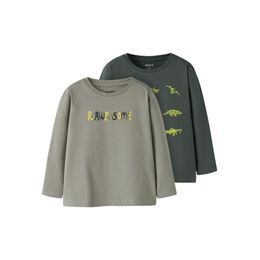 Langarmshirt name it "NMMVUX 2P LS TOP", Jungen, Gr. 110, shadow pack:urban chic, Jersey, Obermaterial: 95% Baumwolle, 5% Elasthan, bedruckt, unifarben, regular fit normal, Rundhals, Shirts Langarmshirt, Baumwollmischung, regular fit