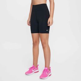 Shorts Nike "Nike One Big Kids' (Girls') Dri-FIT 5" Biker Shorts", Jungen, Gr. L (152/158), N-Gr, schwarz, wei&szlig;, Obermaterial: 80% Polyester, 20% Elasthan, Hosen Shorts, aus elastischem Material, schwei&szlig;ableitend, eng anliegend