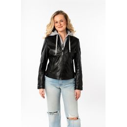 Lederjacke Mauritius "MWAleni", Damen, Gr. M, schwarz, Obermaterial: 100% Schafsleder. Futter: 100% Baumwolle. Kapuze: 55% Baumwolle, 45% Polyester. &Auml;rmelfutter: 100% Polyester, unifarben, regular fit h&uuml;ftbedeckend, mit Druckknopf, Jacken, mit Jerseykapuze und Stehkragen
