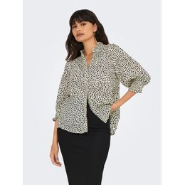 Kurzarmbluse Only "ONLRAYA 3/4 SHIRT WVN NOOS", Damen, Gr. XS, schwarz (cloud dancer aop:schwarz graphic dot), Web, Obermaterial: 100% Viskose, bedruckt, l&auml;ssig geschnitten normal, V-Ausschnitt, gesmokt, Blusen, Viskose, regular fit