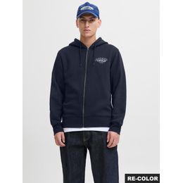 Jack & Jones Kapuzensweatjacke JACK & JONES "JJMAKOTO SWEAT ZIP HOOD", Damen, Gr. M, sky captain, angeraute Sweatware, Obermaterial: 80% Baumwolle, 20% Polyester, regular fit, Rippb&uuml;ndchen, Sweatjacken