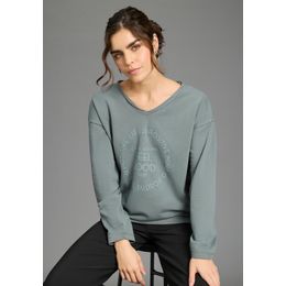 Longsweatshirt Laura Scott, Damen, Gr. 40/42, salbeigr&uuml;n, Sweatware, Obermaterial: 80% Baumwolle, 20% Polyester, oversize h&uuml;ftlang, V-Ausschnitt, Sweatshirts, mit Fransenkante
