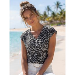 Schlupfbluse Lascana, Damen, Gr. 34, beige (schwarz, creme, bedruckt), Web, Obermaterial: 100% Viskose, figurumspielend h&uuml;ftlang, V-Ausschnitt, Blusen Schlupfbluse, mit Zebraprint und modischen Kn&ouml;pfen, Kurzarmbluse, sommerlich