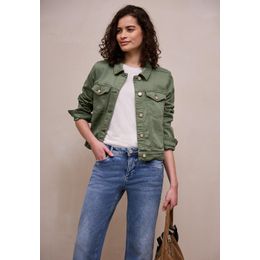 Jeansjacke STREET ONE STUDIO, Damen, Gr. 40, olive washed, Jeans, 55% Baumwolle, 21% Polyester, 14% Lyocell, 9% Viskose, 1% Elasthan, unifarben, normal normal, V-Ausschnitt, abgesteppt, Jacken Jeansjacke, im Denim-Style