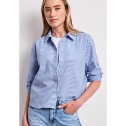 Langarmbluse Street One, Damen, Gr. 42, original blau, Stoff, 65% Polyester, 35% Viskose, gestreift, normal normal, V-Ausschnitt, B&uuml;ndchen, Blusen, mit gestreiftem Seersucker-Look