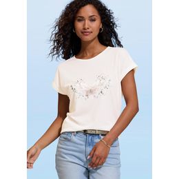 T-Shirt Vivance "mit gl&auml;nzendem Frontprint", Damen, Gr. 32/34, creme, Single Jersey, Obermaterial: 50% Baumwolle, 50% Modal (TENCEL&trade;), bedruckt, Basic, Rundhals, Shirts T-Shirt, aus angenehmer Baumwoll-Modal-Qualit&auml;t