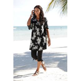 Longshirt Lascana, Damen, Gr. 32/34, schwarz (schwarz, bedruckt), Jersey, Obermaterial: 100% Viskose, figurumspielend kurz, V-Ausschnitt, Shirts Longshirt, mit dezentem Blumendruck, Shirtkleid mit weiten &Auml;rmel
