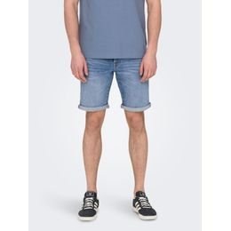 Only & Sons Shorts ONLY & SONS "ONSPLY MBD 8772 TAI DNM SHORTS NOOS", Herren, Gr. L, N-Gr, blau (medium blau), Denim/Jeans, Obermaterial: 98% Baumwolle, 2% Elasthan, unifarben, Basic, slim fit kniefrei, Hosen Shorts