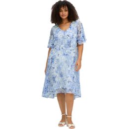 sheego Damen Chiffonkleid mit Volant am Saum royalblau-wei&szlig;-gemustert Gr&ouml;&szlig;e 52