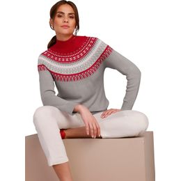 CREATION L PREMIUM Damen Norwegerpullover mit Jacquard-Strick steingrau-rot-gemustert Gr&ouml;&szlig;e 40