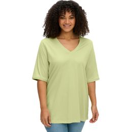 sheego Damen V-Shirt mit Ajourband an Ausschnitt und &Auml;rmeln pistazie Gr&ouml;&szlig;e 56/58